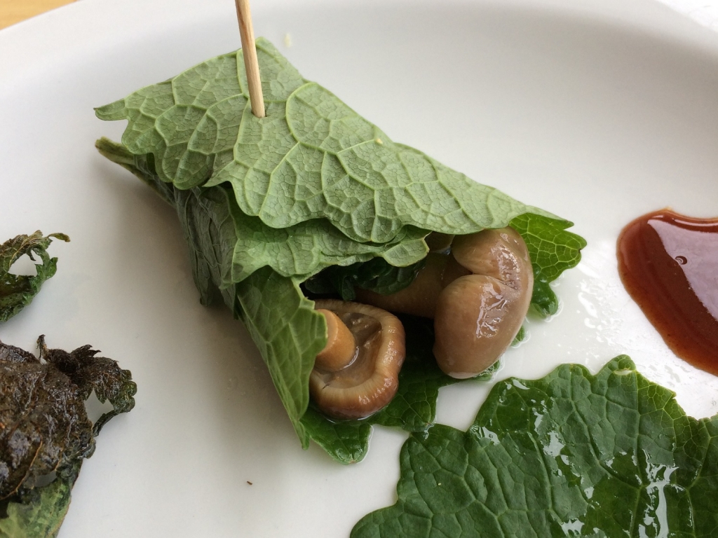 Hedge Garlic Wrap with Mushrooms and Nettle Crisps