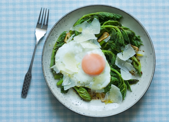 Sautéed Hogweed with Fried Eggs and Parmesan